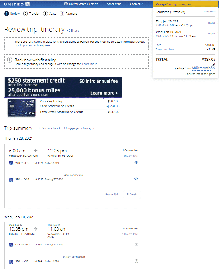 United YVR-OGG Sample Trip Summary - First Class Flyer