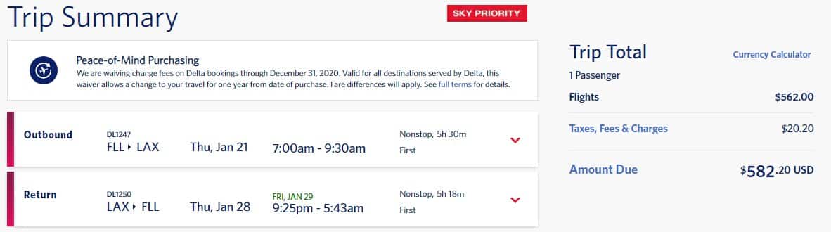 Delta FLL-LAX Sample Trip Summary - First Class Flyer