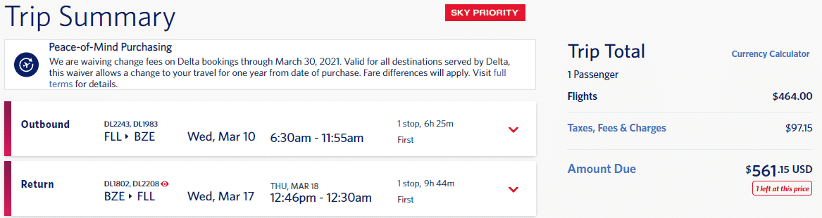 Delta FLL-BZE Sample Trip Summary - First Class Flyer