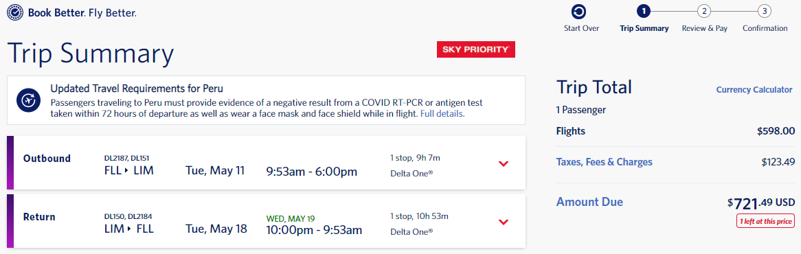 Delta FLL-LIM Sample Trip Summary - First Class Flyer