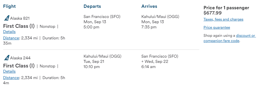 Alaska Airlines SFO-OGG Sample Trip Summary - First Class Flyer