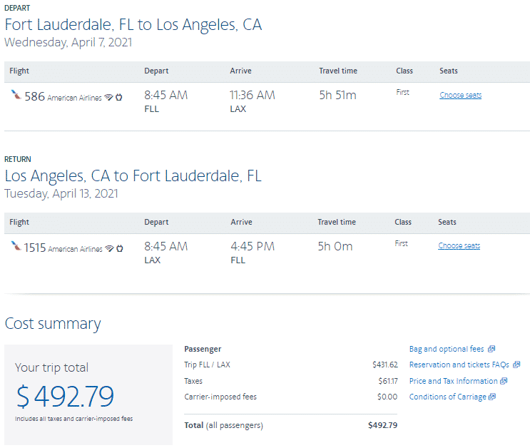 American Airlines FLL-LAX Sample Trip Summary - First Class Flyer