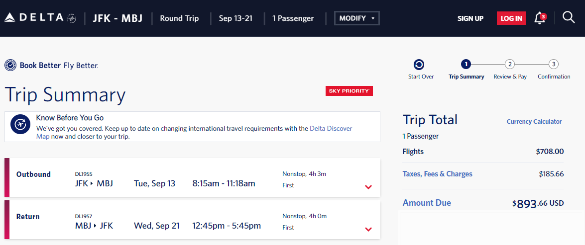 DL JFK-MBJ Sample Trip Summary - First Class Flyer