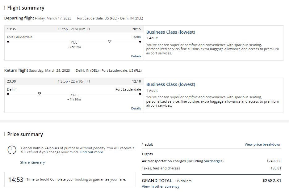 AC FLL-DEL Sample Trip Summary - First Class Flyer