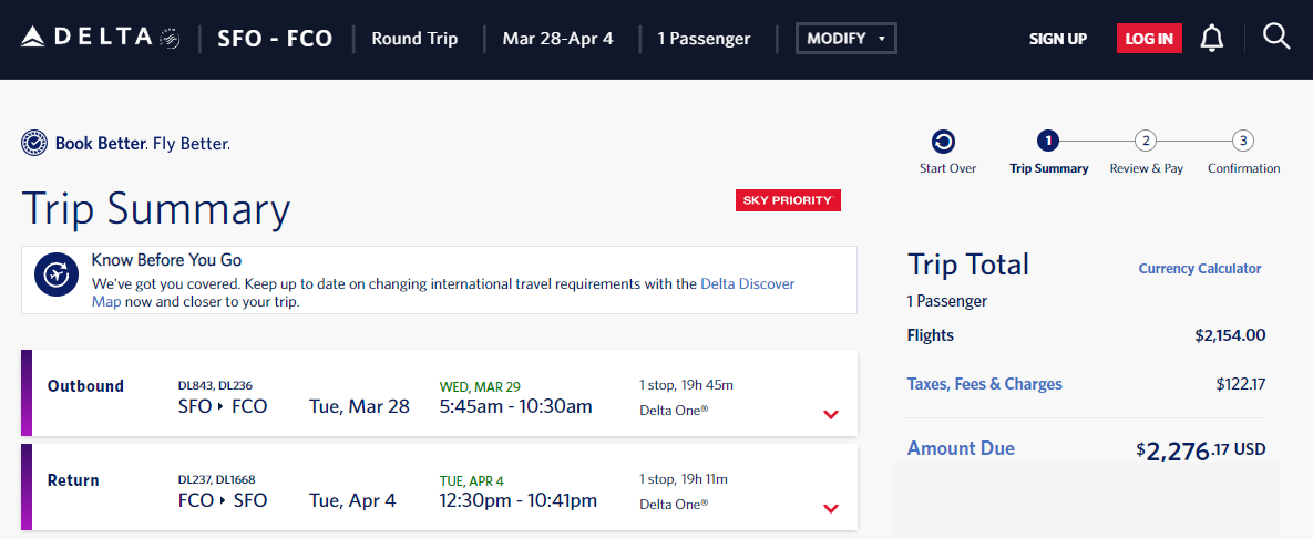 Rome Biz Class from $2,276 to $2,624 R/T - First Class Flyer