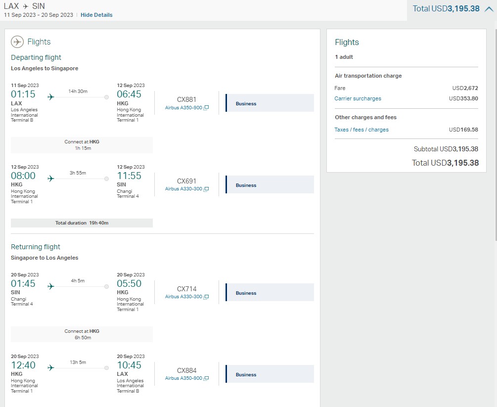 Singapore Biz Class from $3,195 to $4,173 R/T - First Class Flyer