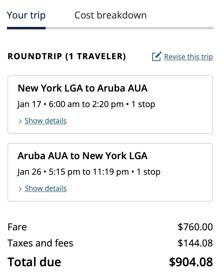 Aruba Biz Class from $904 to $1,183 R/T - First Class Flyer