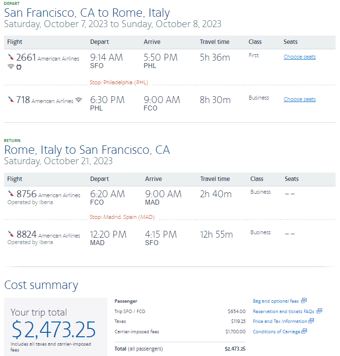 AA SFO-FCO Sample Trip Summary - First Class Flyer