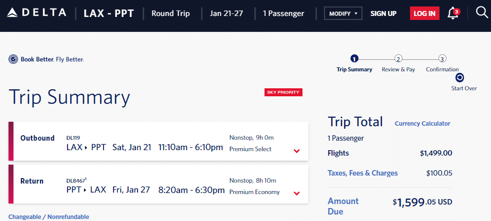 DL LAX-PPT Sample Trip Summary - First Class Flyer