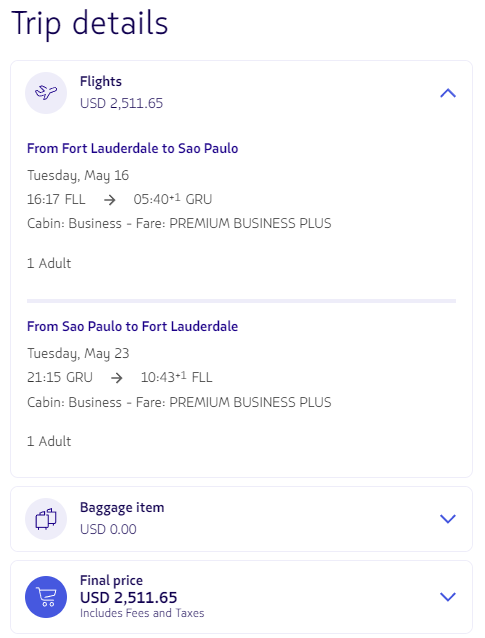 LATAM FLL-GRU Sample Trip Summary - First Class Flyer