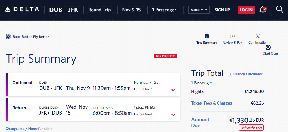 DL DUB-JFK Sample Trip Summary - First Class Flyer