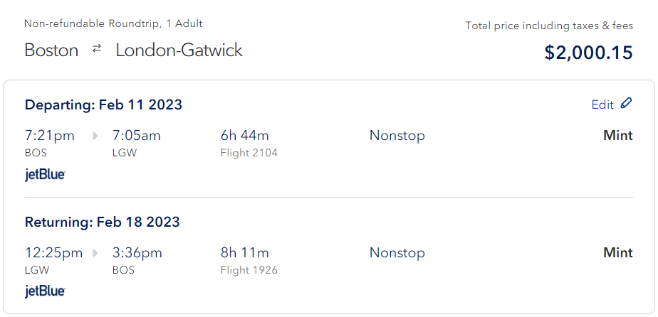 London Biz Class from $2,000 to $2,500 R/T with JetBlue - First Class Flyer