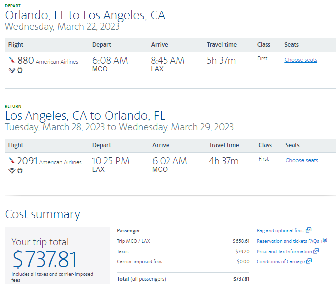 AA MCO-LAX Sample Trip Summary - First Class Flyer