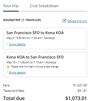 UA SFO-KOA Sample Trip Summary - First Class Flyer
