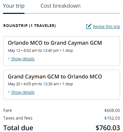 UA MCO-GCM Sample Trip Summary - First Class Flyer