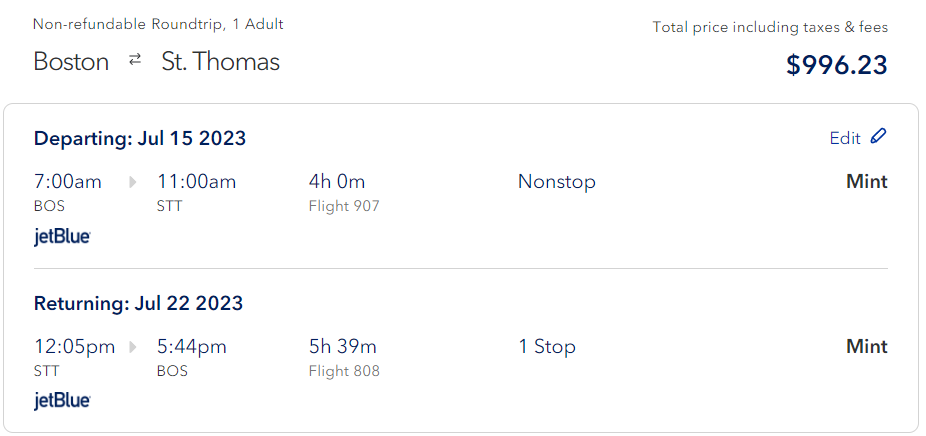 St. Thomas Biz Class from $996 to $1,182 R/T - First Class Flyer