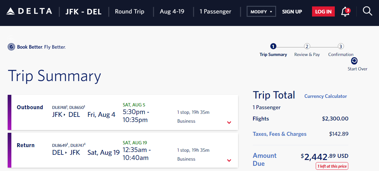 DL JFK-DEL Sample Trip Summary - First Class Flyer