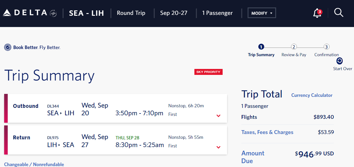 DL SEA-LIH Sample Trip Summary - First Class Flyer