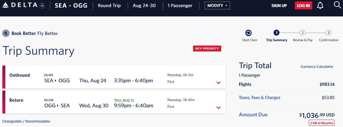 Cash > Hawaii > Biz Class > $1,036 to $1,595 R/T - First Class Flyer