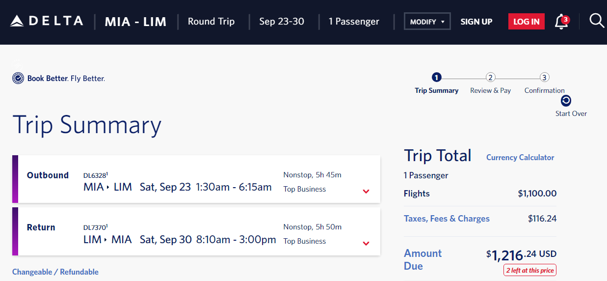 DL MIA-LIM Sample Trip Summary - First Class Flyer