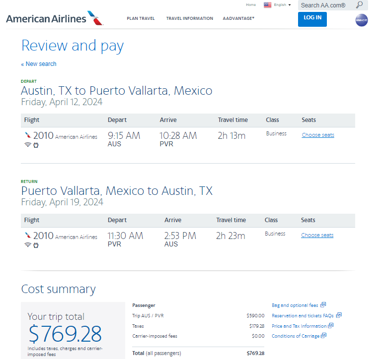 AA AUS-PVR Sample Trip Summary - First Class Flyer