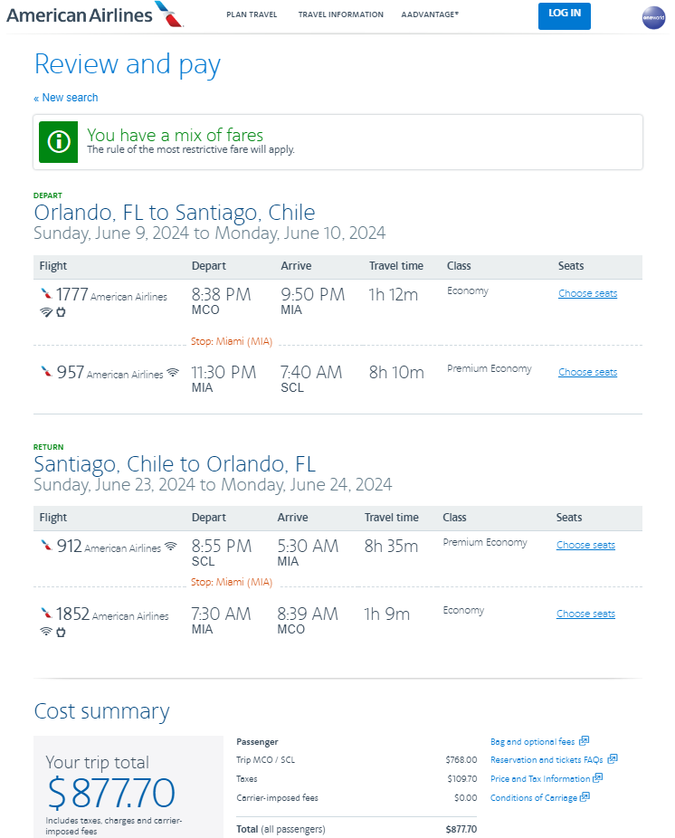 AA MCO-SCL Sample Trip Summary - First Class Flyer