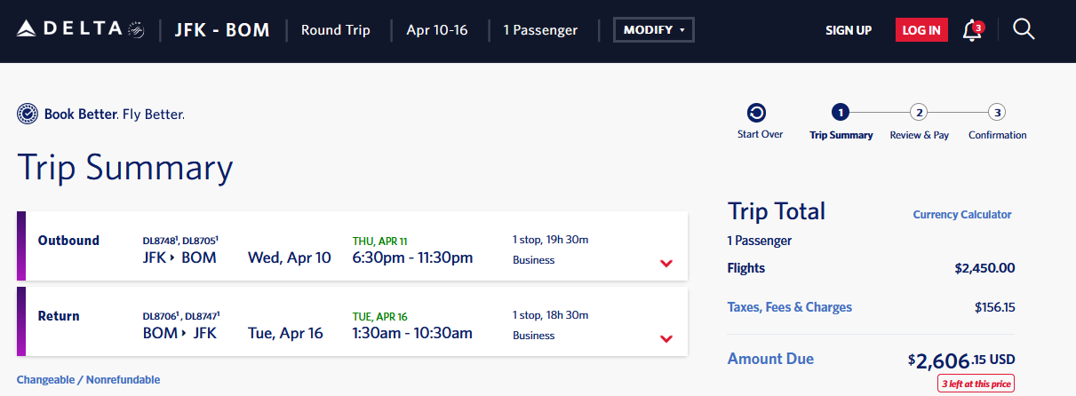 DL JFK-BOM Sample Trip Summary - First Class Flyer