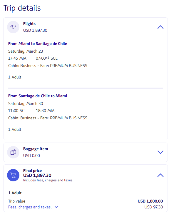 LATAM MIA-SCL Sample Trip Summary - First Class Flyer