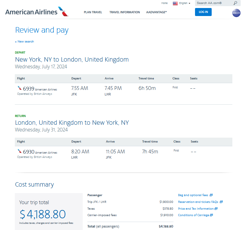 AA JFK-LHR Sample Trip Summary - First Class Flyer