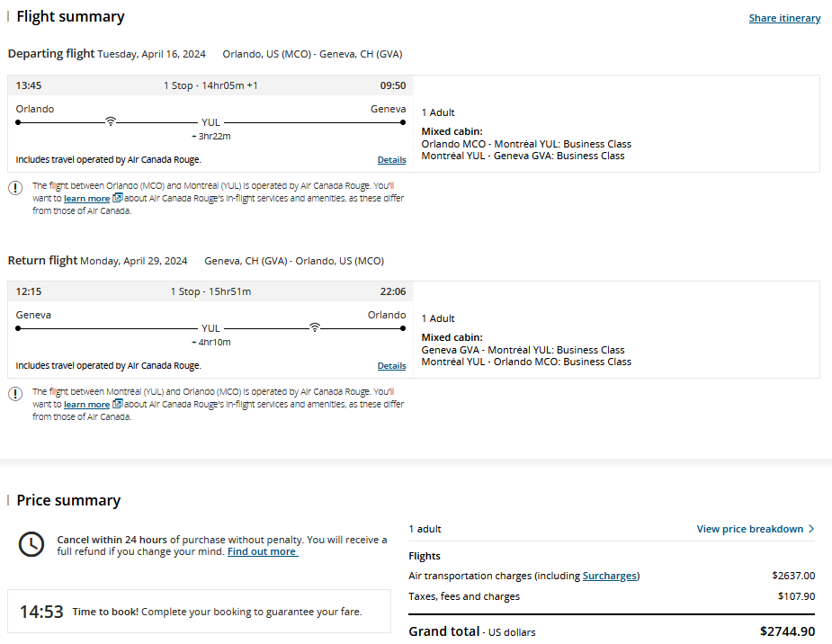 Money > Geneva > Fall > Biz Class > $2,744 to $3,123 R/T - First Class ...