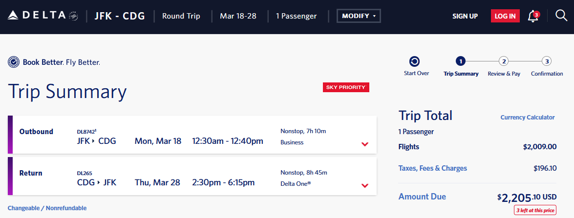 DL JFK-CDG Sample Trip Summary - First Class Flyer