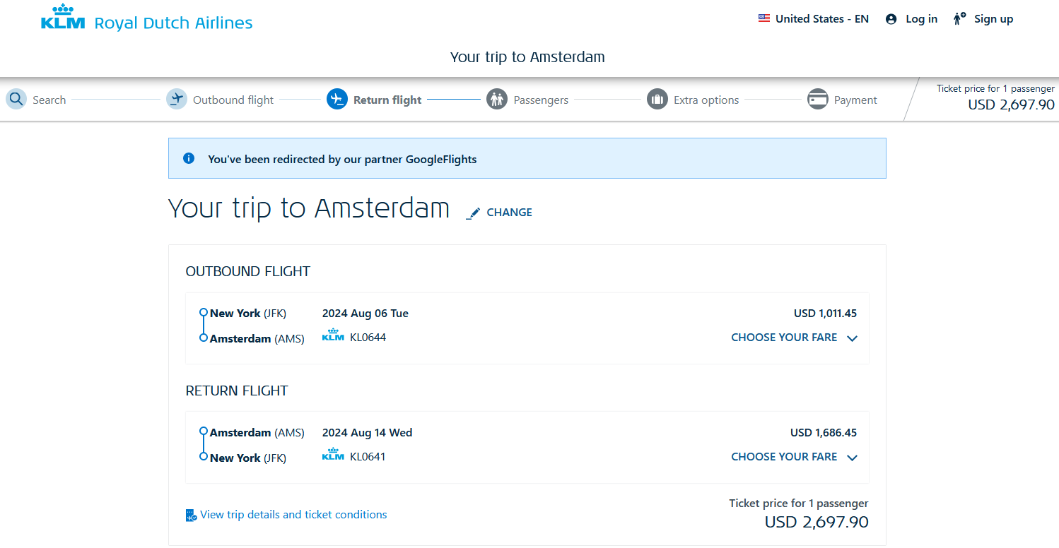 KLM JFK-AMS Sample Trip Summary - First Class Flyer