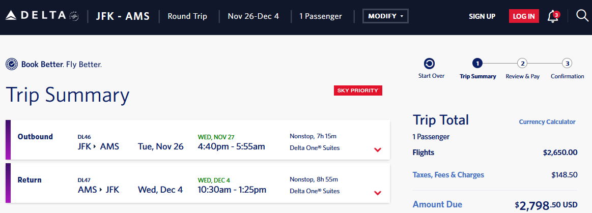 DL JFK-AMS Sample Trip Summary - First Class Flyer