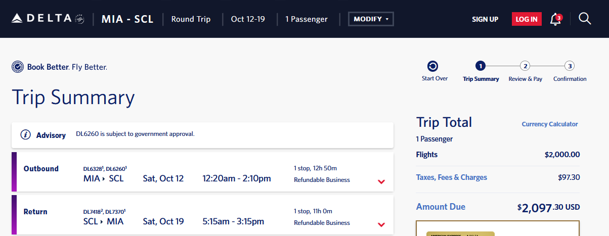 DL MIA-SCL Sample Trip Summary - First Class Flyer