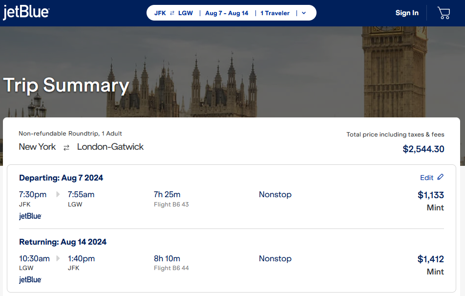 jetBlue JFK-LGW Sample Trip Summary - First Class Flyer