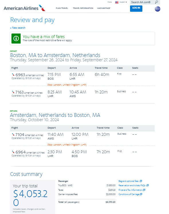 AA BOS-AMS Sample Trip Summary - First Class Flyer