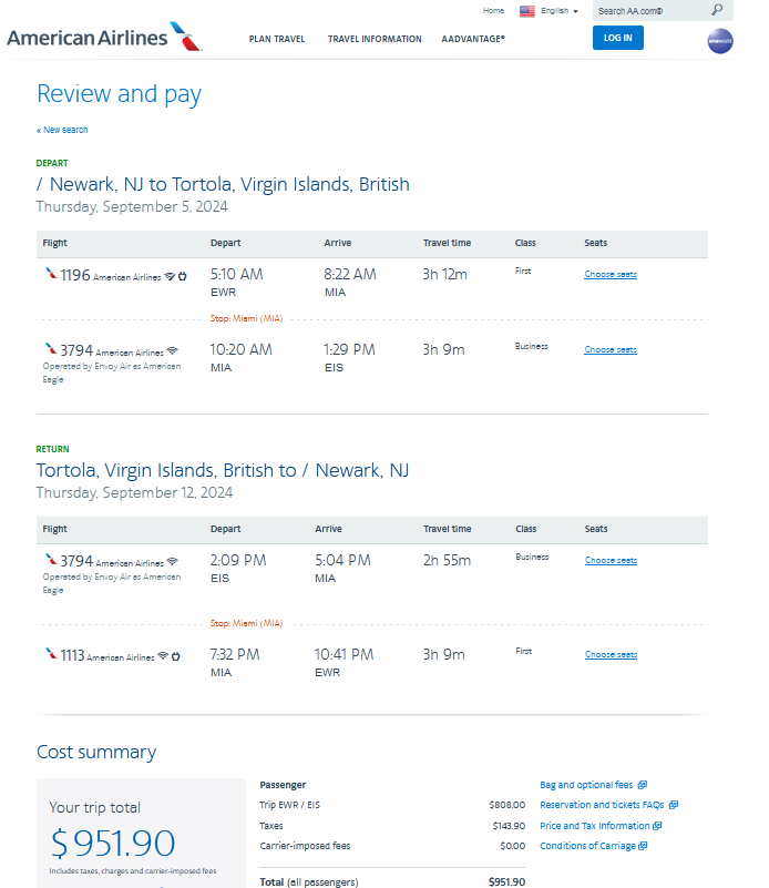 AA EWR-EIS Sample Trip Summary - First Class Flyer
