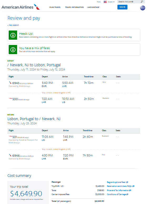 AA EWR-LIS Sample Trip Summary - First Class Flyer