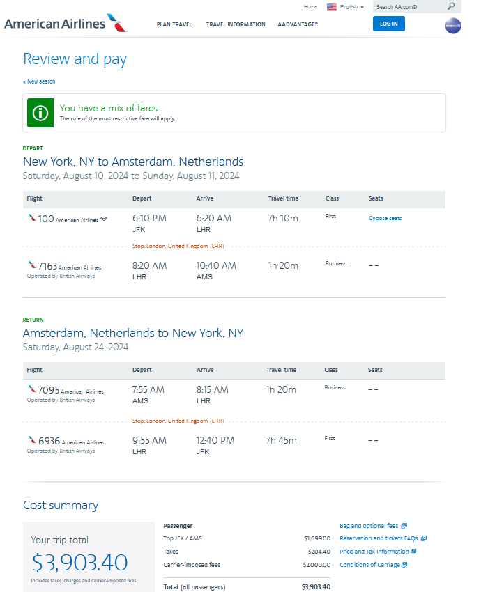 AA JFK-AMS Sample Trip Summary - First Class Flyer