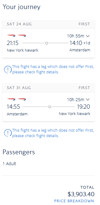 BA EWR-AMS Sample Trip Summary - First Class Flyer