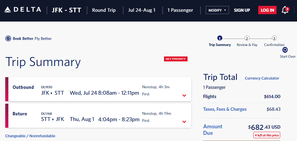 DL JFK-STT Sample Trip Summary - First Class Flyer