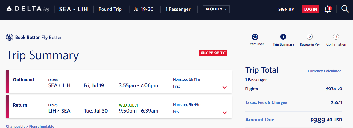 DL SEA-LIH Sample Trip Summary - First Class Flyer