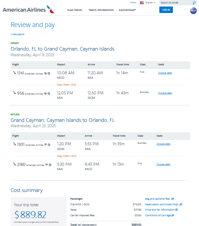 AA MCO-GCM Sample Trip Summary - First Class Flyer