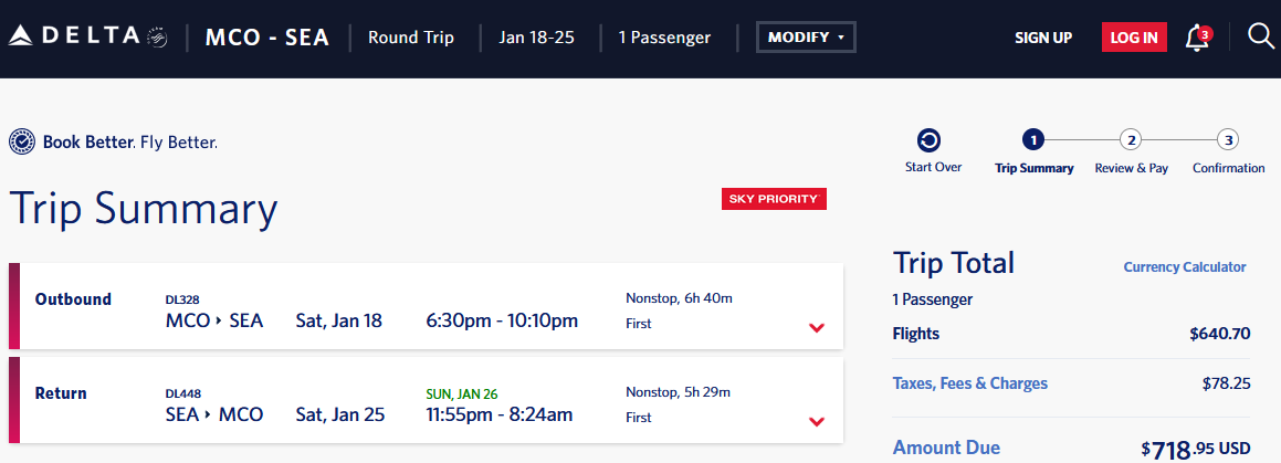 DL MCO-SEA Sample Trip Summary - First Class Flyer