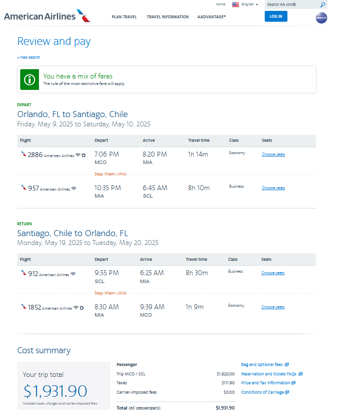 AA MCO-SCL Sample Trip Summary - First Class Flyer