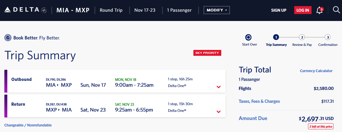 DL MIA-MXP Sample Trip Summary - First Class Flyer