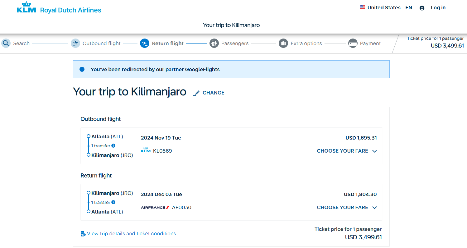 Money > Kilimanjaro > Spring > Biz Class > from Atlanta and New York ...